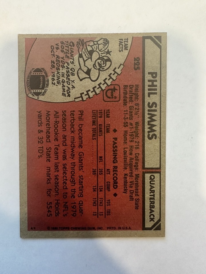 1980 Topps #225 Phil Simms RC New York Giants Rookie! | eBay