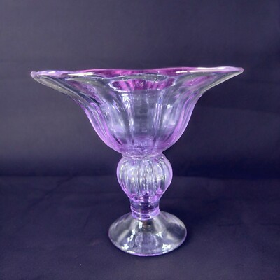 Large Hand Blown Pedestal Bright Purple Lilac Glass Bowl Footed Vase ...