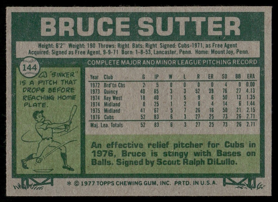 CENTERED EX+ BRUCE SUTTER HOF ROOKIE 1977 TOPPS #144 UNCREASED SOLID ...
