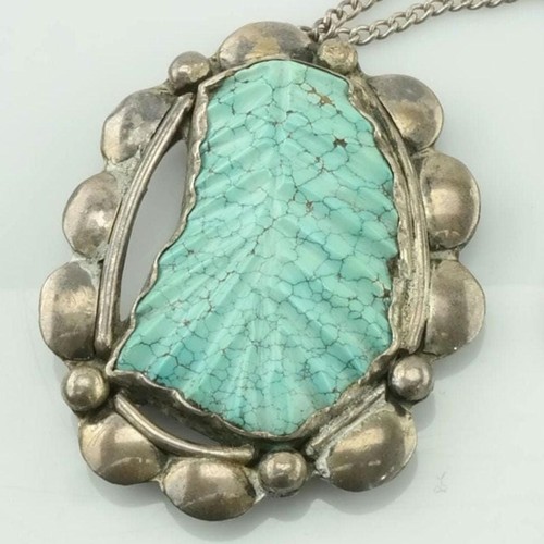 Native American Sterling Silver Blue Spiderweb Carved Turquoise Leaf ...