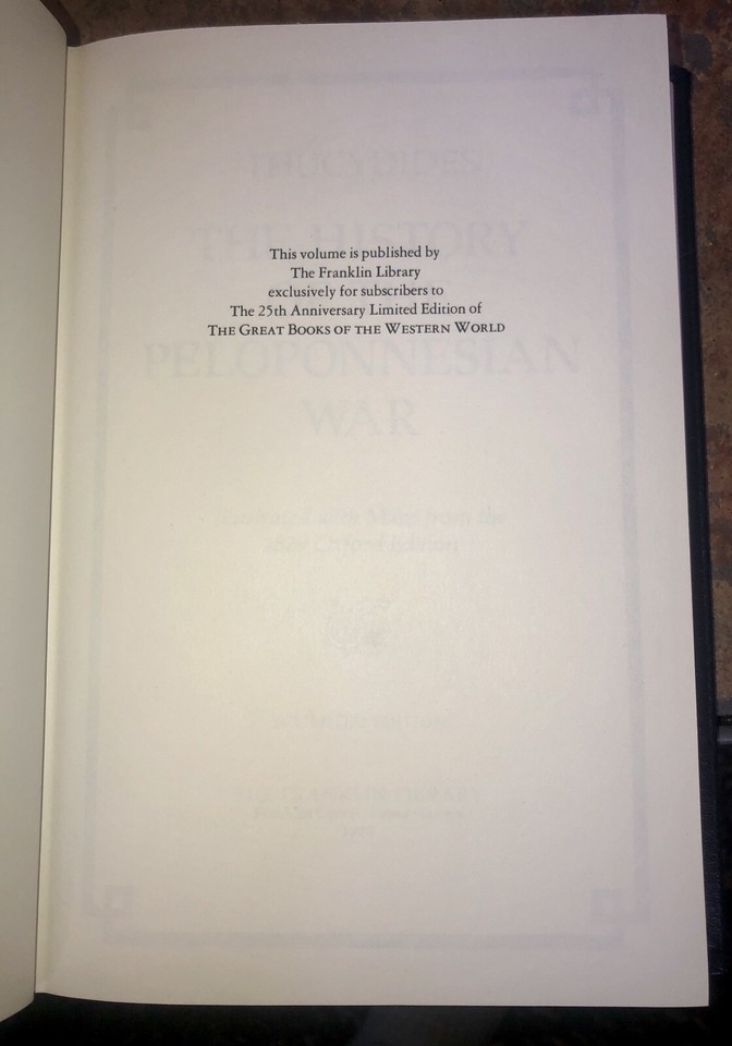 Thucydides THE PELOPONNESIAN WAR Franklin Library Great Books 1978 Ltd ...