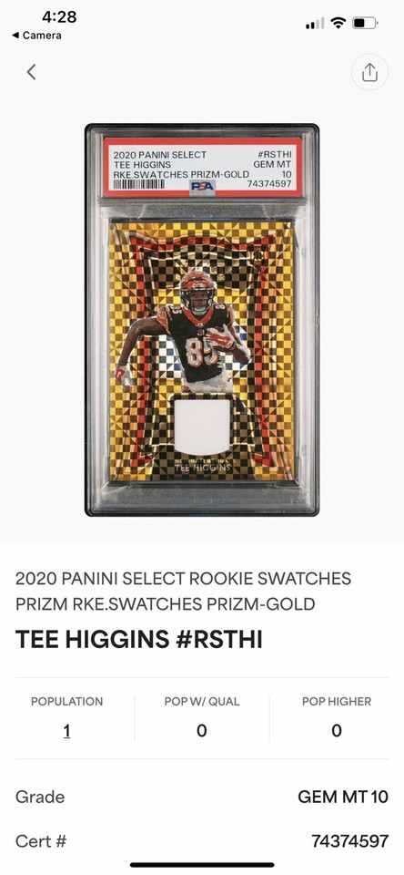 Tee Higgins 2020 Select Rookie Patch Gold /10 PSA10 | RS-THI | POP 1 ...