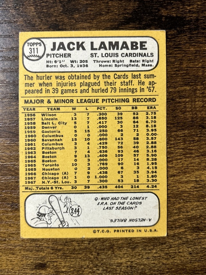 1968 Topps - #311 Jack Lamabe | eBay