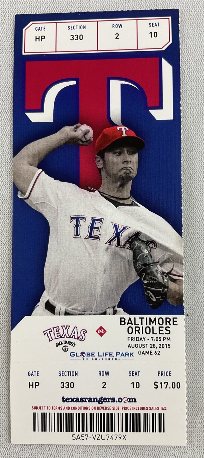 MLB 2015 08/28 Baltimore Orioles at Texas Rangers Ticket-Cole Hamels WP ...