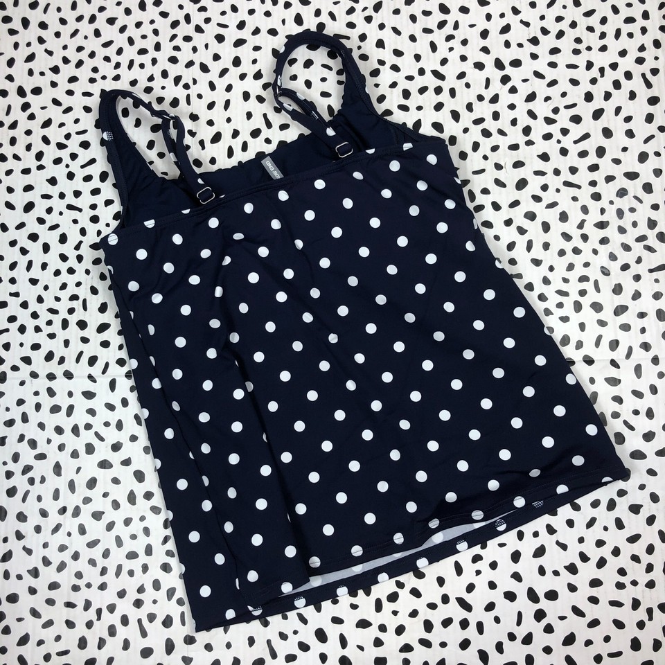 Lands End Navy Polka Dot Tummy Control Square Neck Tankini SWIM TOP Rg ...