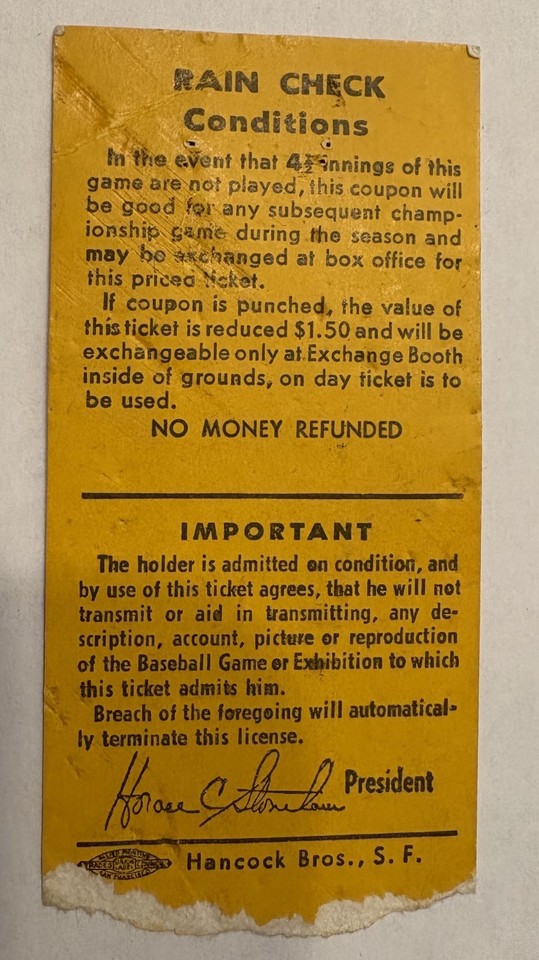 1958 San Francisco Giants Ticket Stub at Seals Stadium vs. Dodgers ...