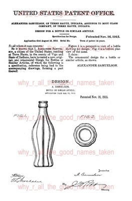 United States PATENT : 1915 COCA COLA Coke BOTTLE - A4 Printed Repro ...