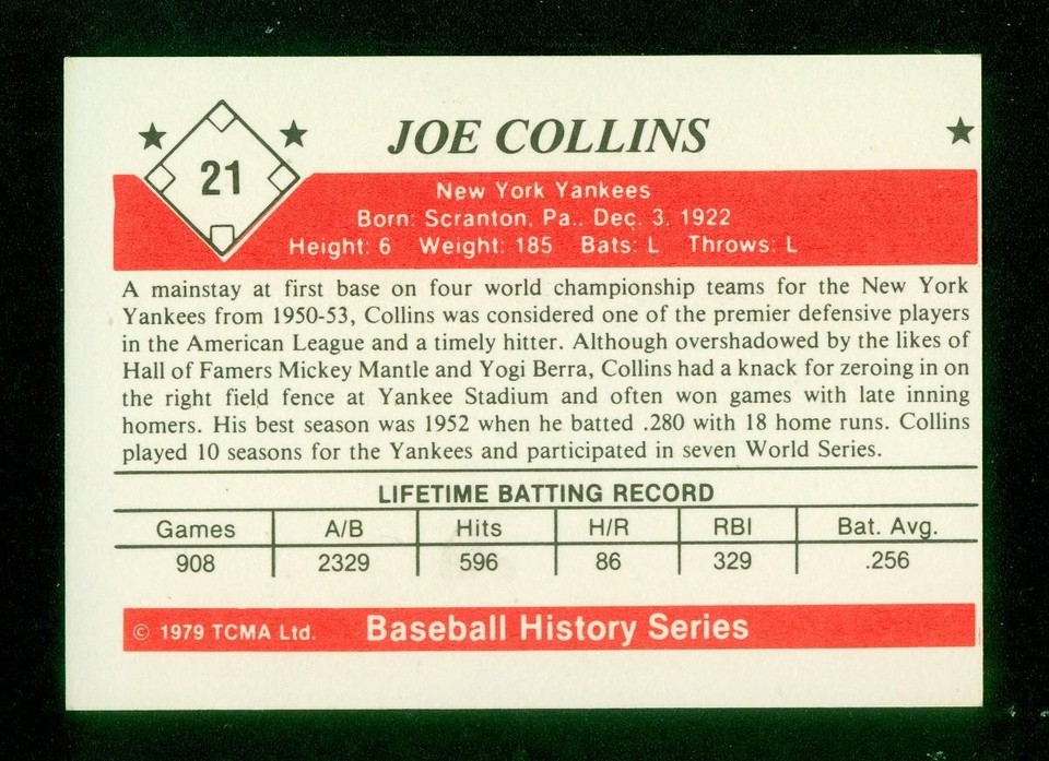 247, Joe Collins, Original Signed/Autograph, Card, NY Yankees, "1948-57 ...