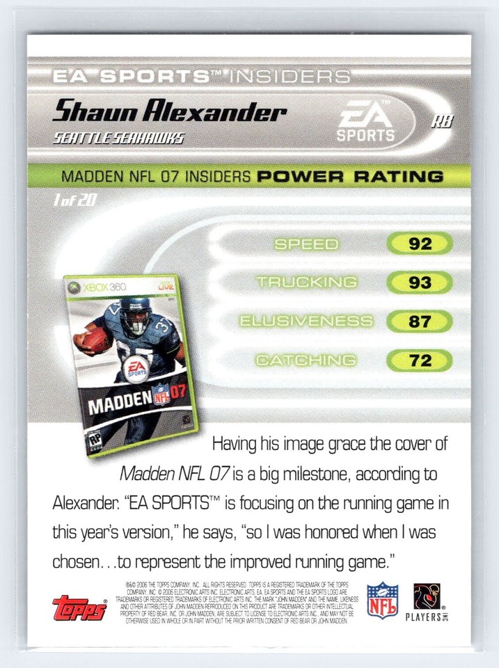 SHAUN ALEXANDER 2006 Topps Madden 07 EA Sports Insert #1 Seattle ...