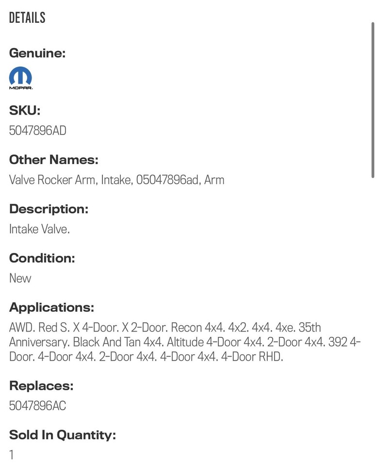 NEW Genuine Mopar 05047896AD Valve Rocker Arm Intake 3.6L V6 Jeep Dodge ...