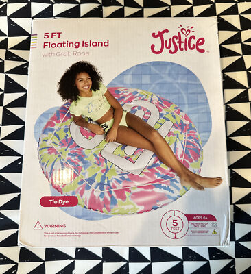 Justice 5ft Floating Island Pool Float w/ Grab Rope, Pink & Blue Tie ...