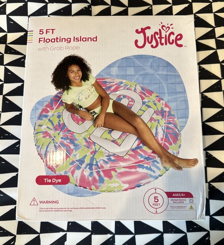 Justice 5ft Floating Island Pool Float w/ Grab Rope, Pink & Blue Tie ...