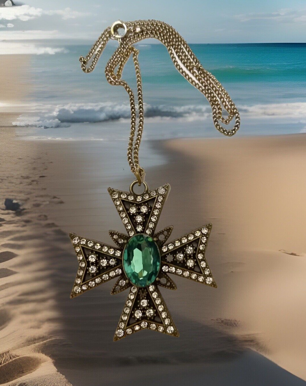 Vintage NOS Bronze Maltese Cross Pendant Green Rhines… - Gem