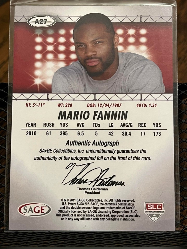 MARIO FANNIN 2011 SAGE HIT ROOKIE AUTOGRAPH AUTO AUBURN TIGERS NATIONAL ...