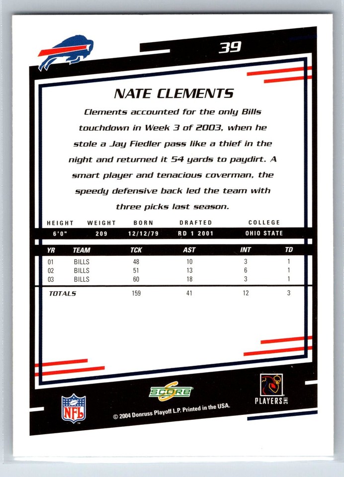 2004 Score Nate Clements Buffalo Bills #39 | eBay