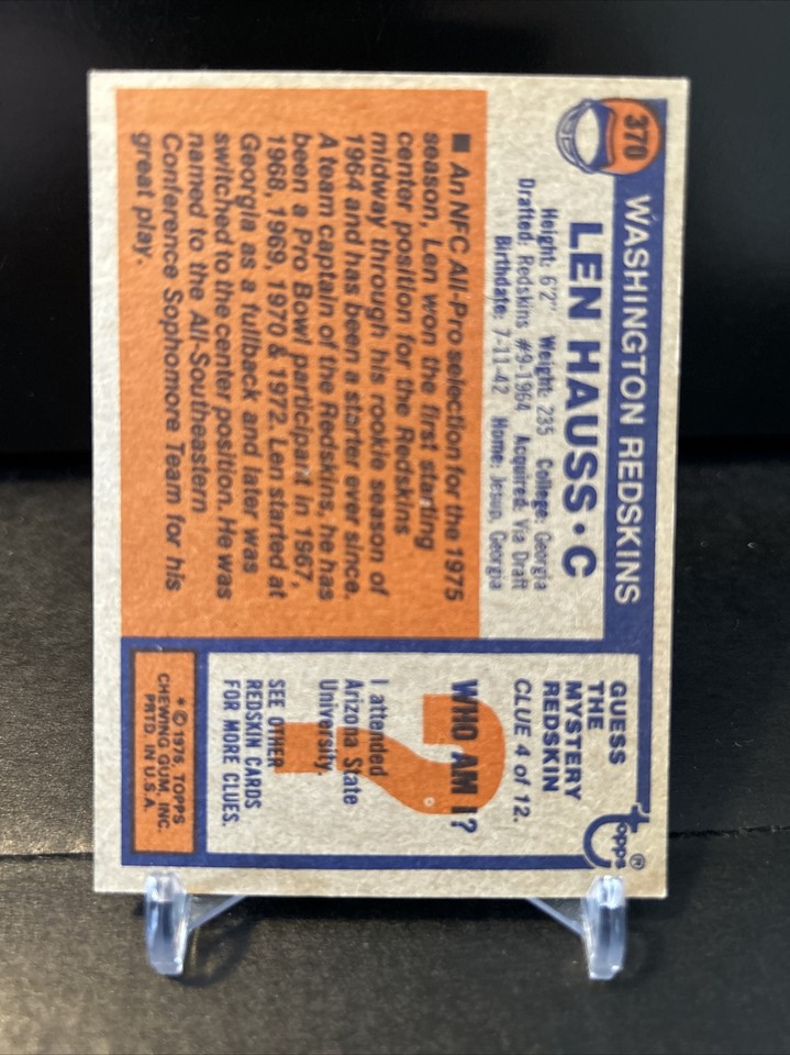 1976 Topps Football Len Hauss Washington Redskins #370 | eBay