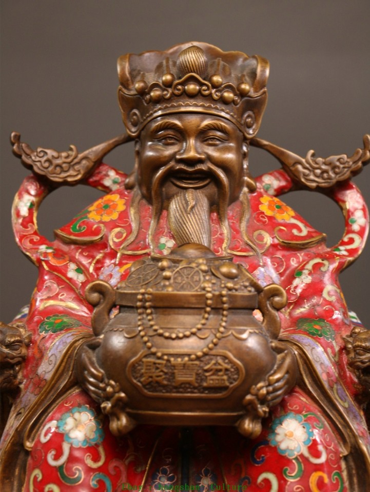 11.8" Old Bronze Cloisonne Enamel Money Wealth Mammon God Yuanbao ...