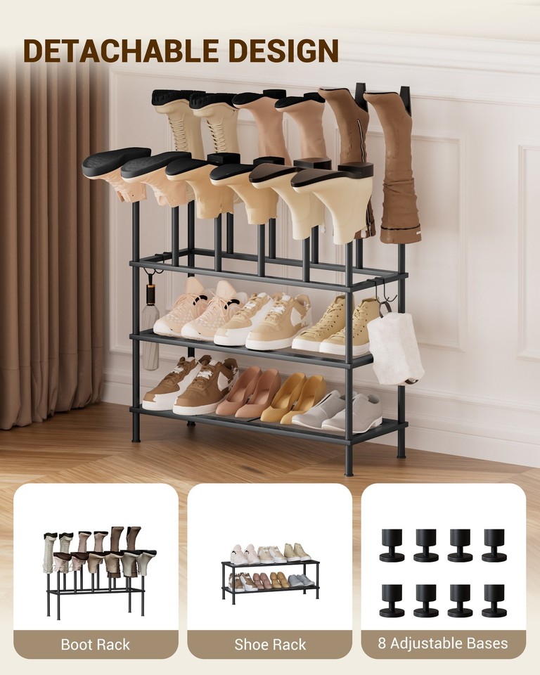 Boot Rack Shoe Rack 2-in-1 Detachable 3-Tier Large Capacity Metal Shoe ...