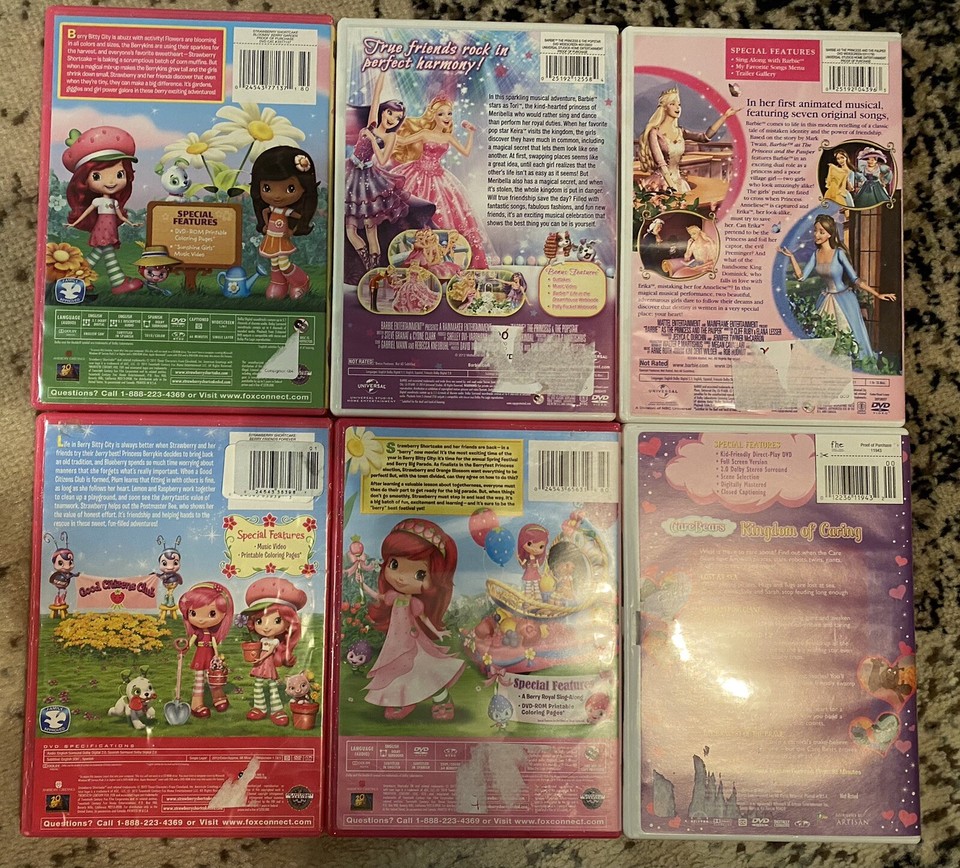 Lot of 6 Kids Girls Movies DVDs Strawberry Shortcake Care Bears Barbie ...