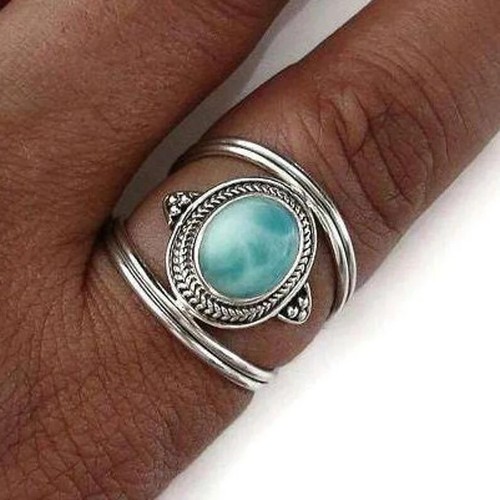 Unisex Boho Oval Larimar Ring, 925 Sterling Silver, Statement Ring All ...