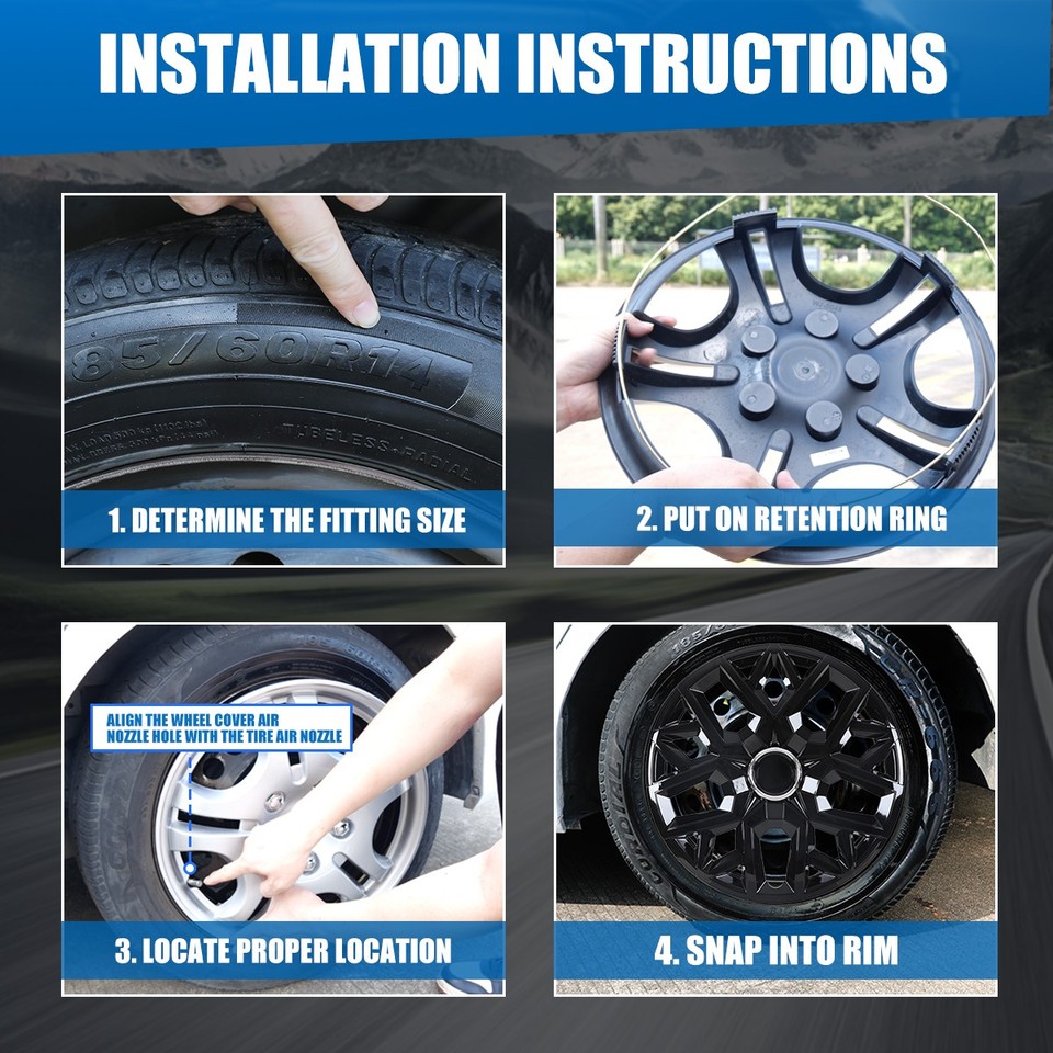 14 Inch Universal Wheel Covers Hubcaps Glossy Black w/Rings For Cars ...