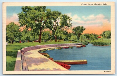 POSTCARD Carter Lake Omaha Nebraska Boats Walkway Linen | eBay