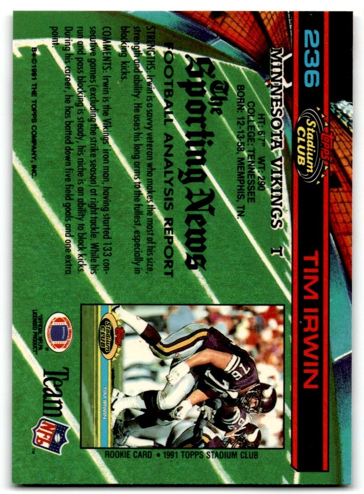 1991 Stadium Club Tim Irwin Minnesota Vikings #236 | eBay