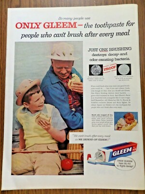 1956 Gleem Toothpaste Ad Grandpa & Grand Son Fly Fishing Lunch Break | eBay