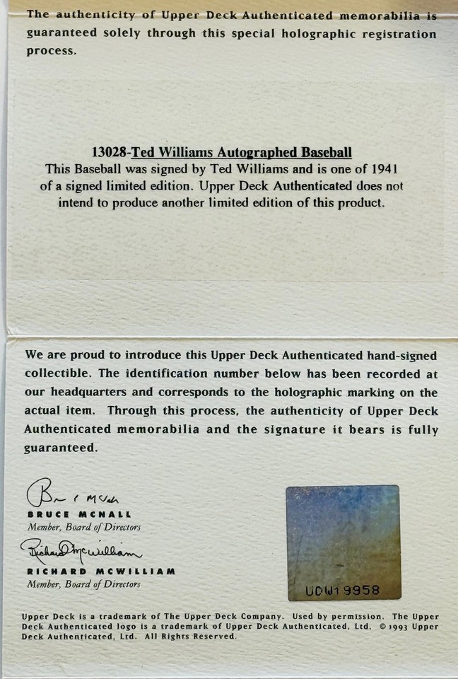 Ted Williams Autographed .406 Official American League Baseball LE/1941 ...