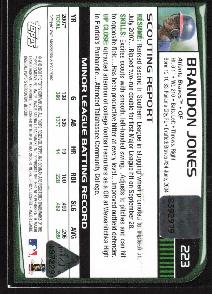 2008 Bowman #223 Brandon Jones 1 /1 Autograph Auto Atlanta Braves ...