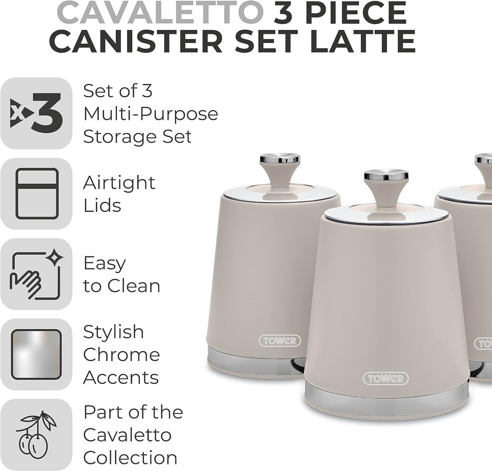 Tower Cavaletto Kettle 4 Slice Toaster Bread Bin Canisters Set in Latte ...