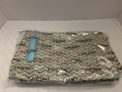 Lancome Weaved Cosmetic Make-up Bag Pouch Zipper Tassle Blue Beige NWT ...