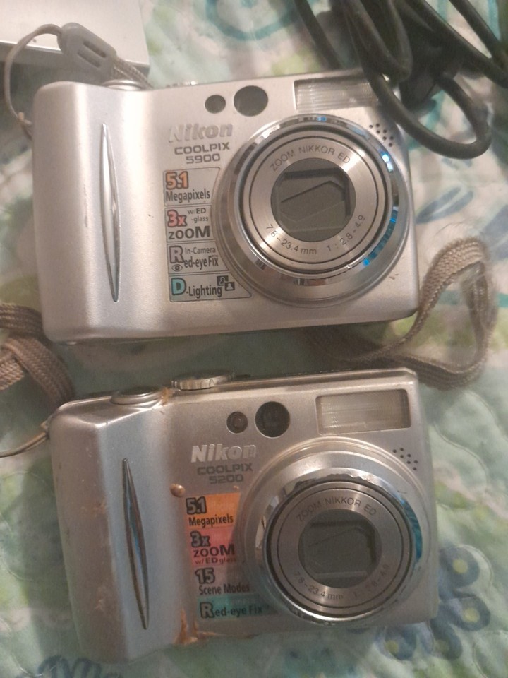 2 Nikon Coolpix Cameras 5900 & 5200 W/ Batteries, Charger Cords And Box ...