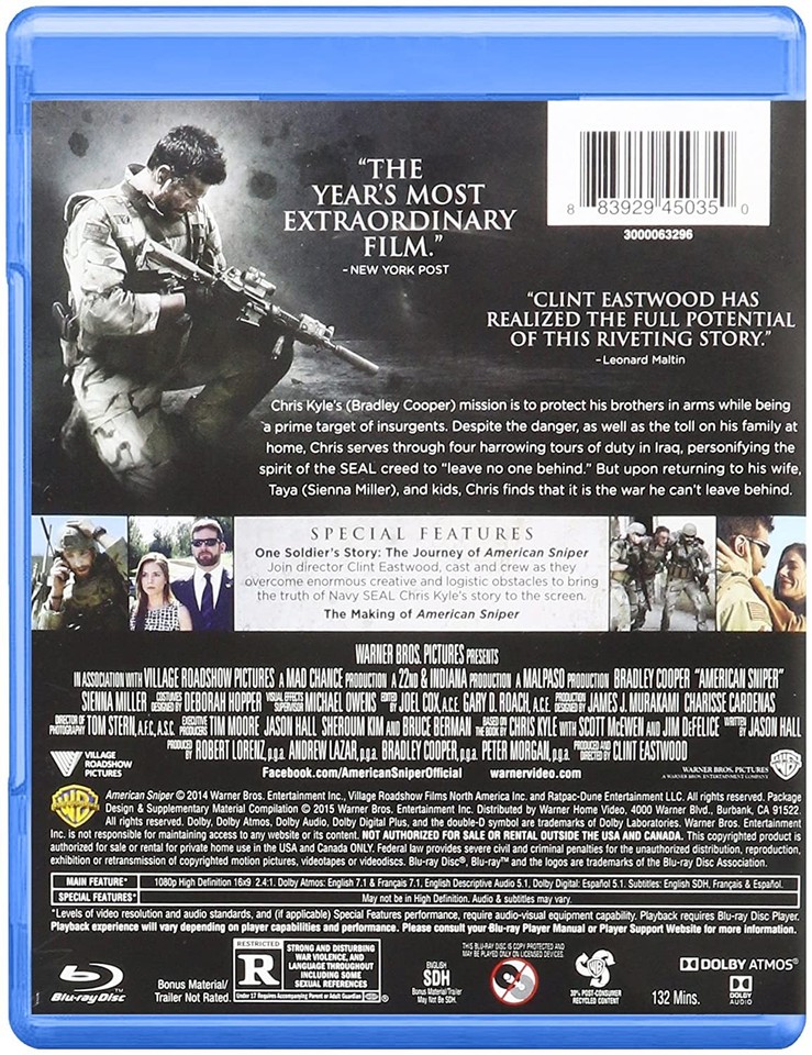 American Sniper (Blu-ray) Bradley Cooper Sienna Miller Jake McDorman ...