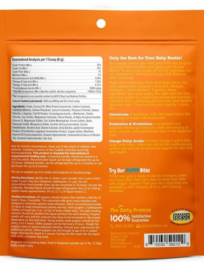 Zesty Paws Puppy Milk Replacer + Colostrum Powder Veterinarian ...