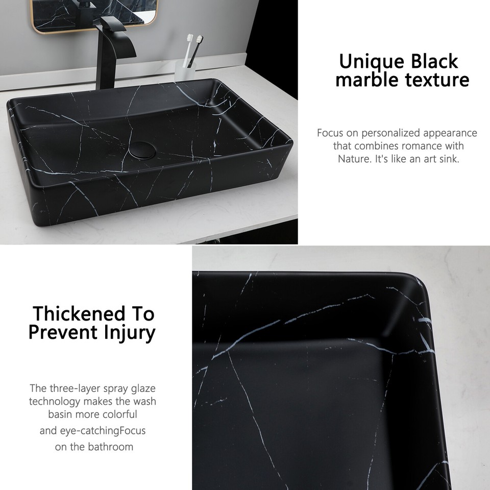 24" Rectangular Bathroom Vessel Sink Black Marble ceramic Basin Faucet ...