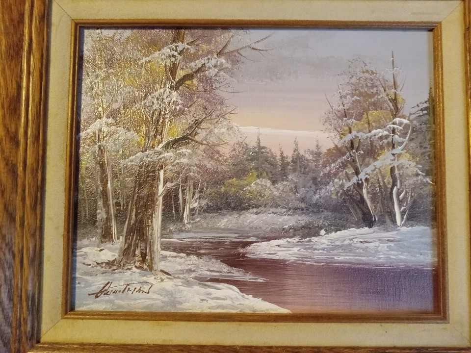 Vintage Original Winter Landscape Oil On Canvas Painting Signed 8"X10 ...