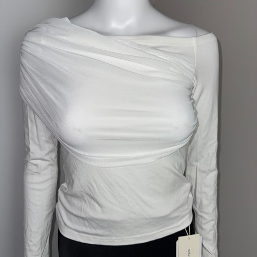 Commense White Long Sleeve Top Ruched Mesh Overlay Off Shoulder Blouse ...