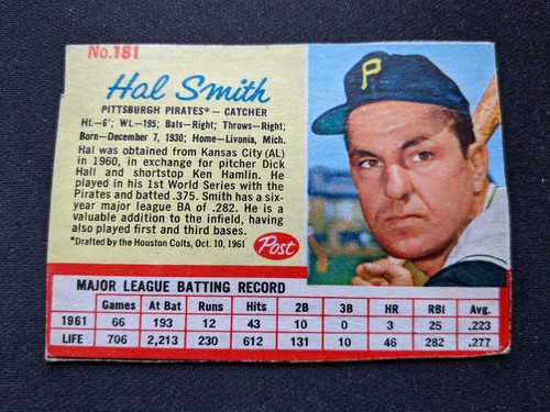 1962 Post Cereal Baseball Card # 181 Hal Smith - Pittsburgh Pirates (VG ...