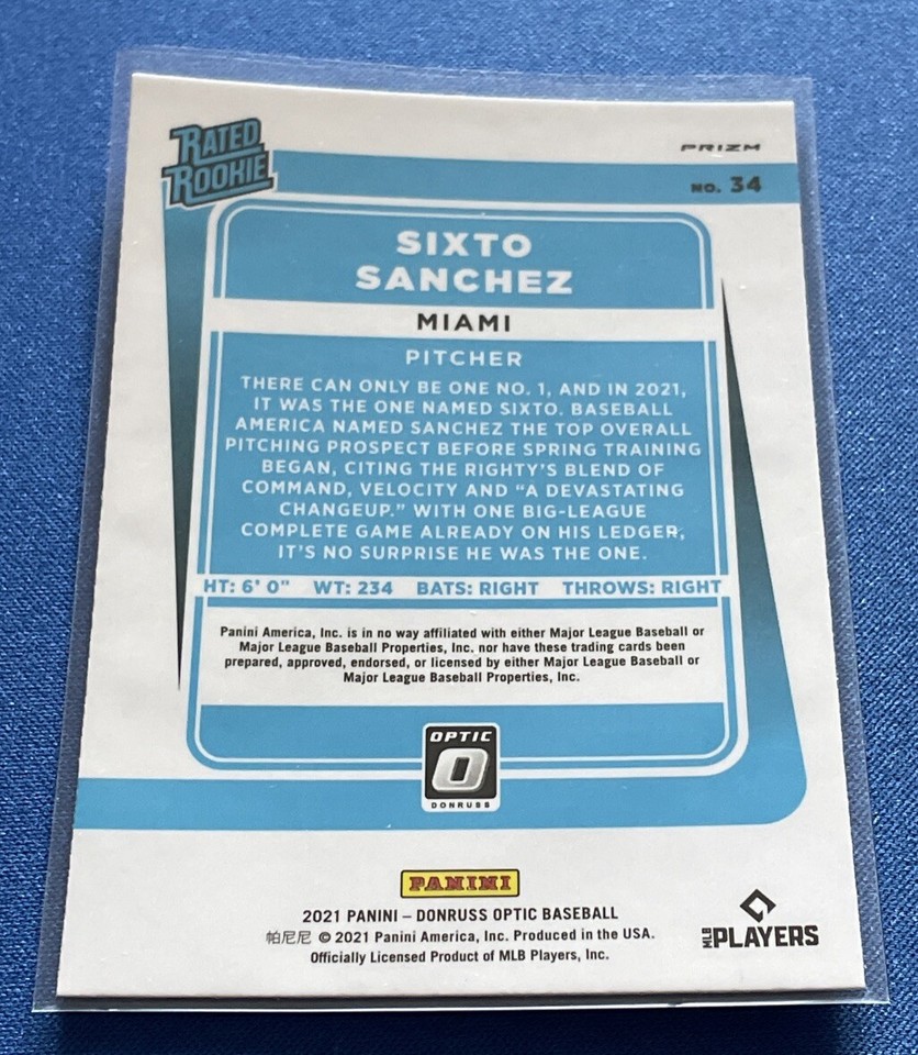 2021 Donruss Optic Carolina Blue & Whit #34 Sixto Sanchez RC Miami ...