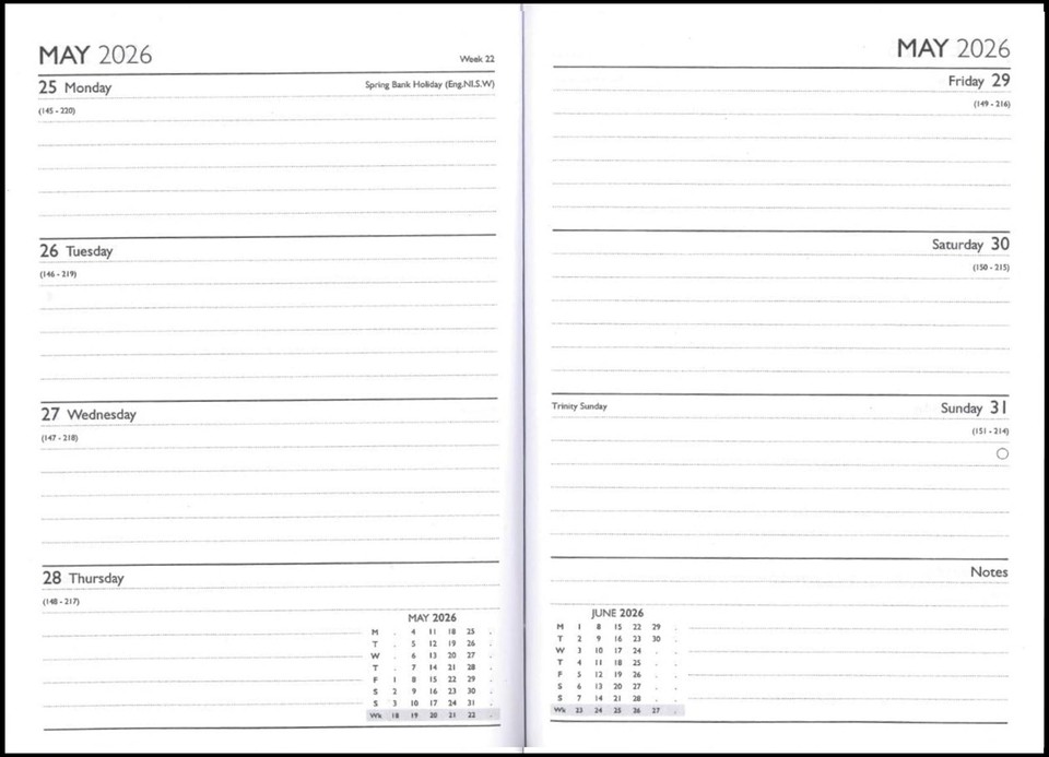 2026 A5 Week To View Diary Hardback Personal Organiser Casebound ...
