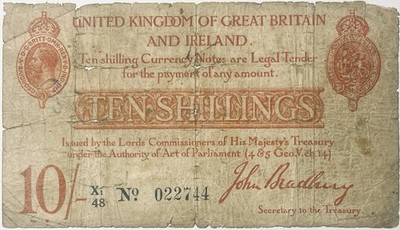 1915 UNITED KINGDOM & IRELAND 10 SHILLINGS TREASURY NOTE BRADBURY ...