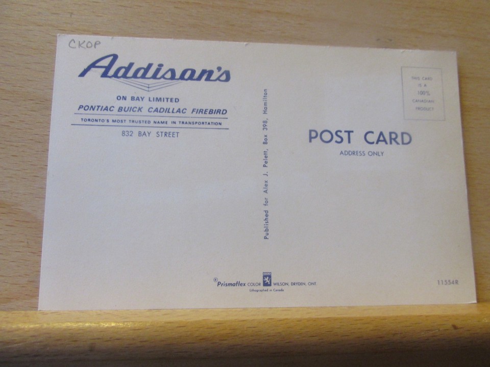 Original 1960's postcard Addisan Pontiac Buick Cadillac Toronto SHIPS ...