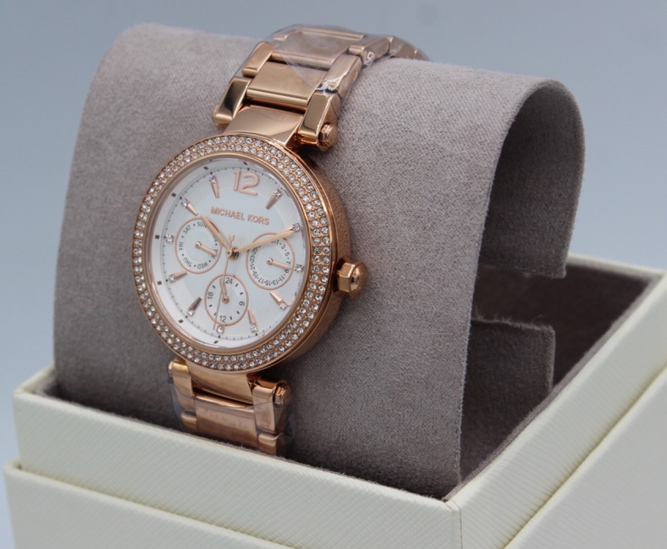 NEW AUTHENTIC MICHAEL KORS PARKER CHRONO ROSE GOLD CRYSTALS WOMEN'S ...
