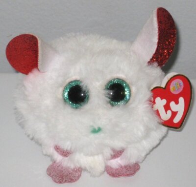 TY Puffies White Fluffy Mouse BRIE Red Glitter Ears Typuff 4" Stuffed ...