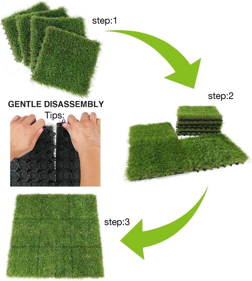 XLX TURF Green Artificial Grass Tiles Interlocking Turf Deck Set 9 Pack ...