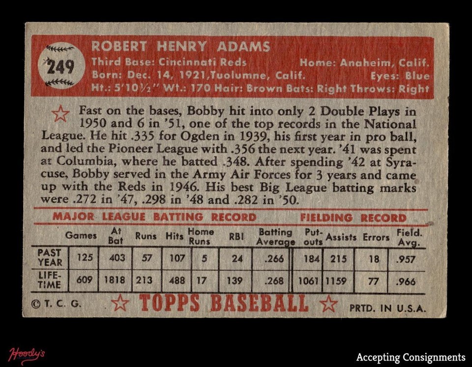 1952 Topps #249 Bobby Adams REDS VG/EX | eBay