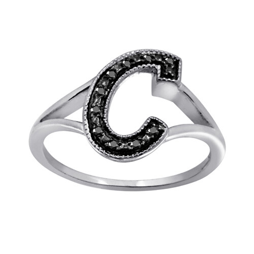 Black Diamond Initial "C" Ring in Sterling Silver April Birthstone | eBay