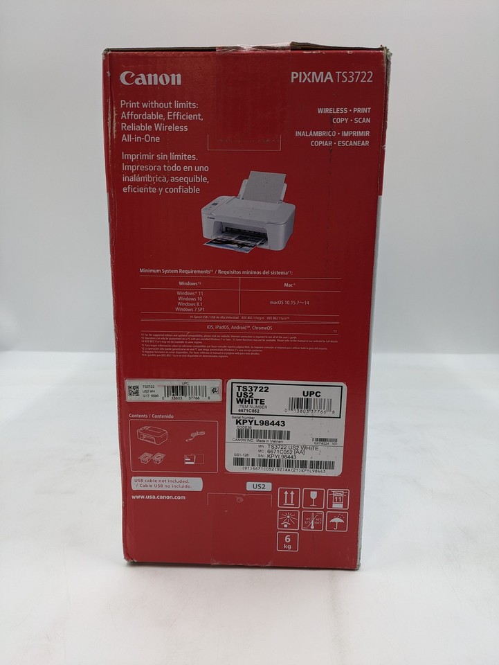 Canon - PIXMA TS3722 Wireless All-In-One Inkjet Printer - White | eBay