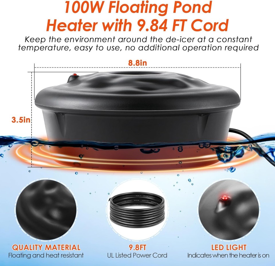 Floating Pond Heater, 100W Pond Deicer with 9.84 FT Cord ...